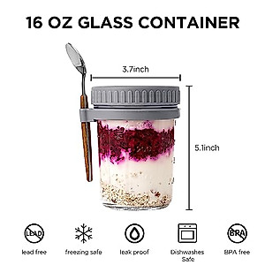 Famyards 4 Pack Overnight Oats Containers with Airtight Lids and Spoons, 16 oz Glass Mason Jars with Measurement Marks, Oatmeal Jars for Cereal, Yogurt, Milk, Salads, Fruit (2 White and 2 Grey)