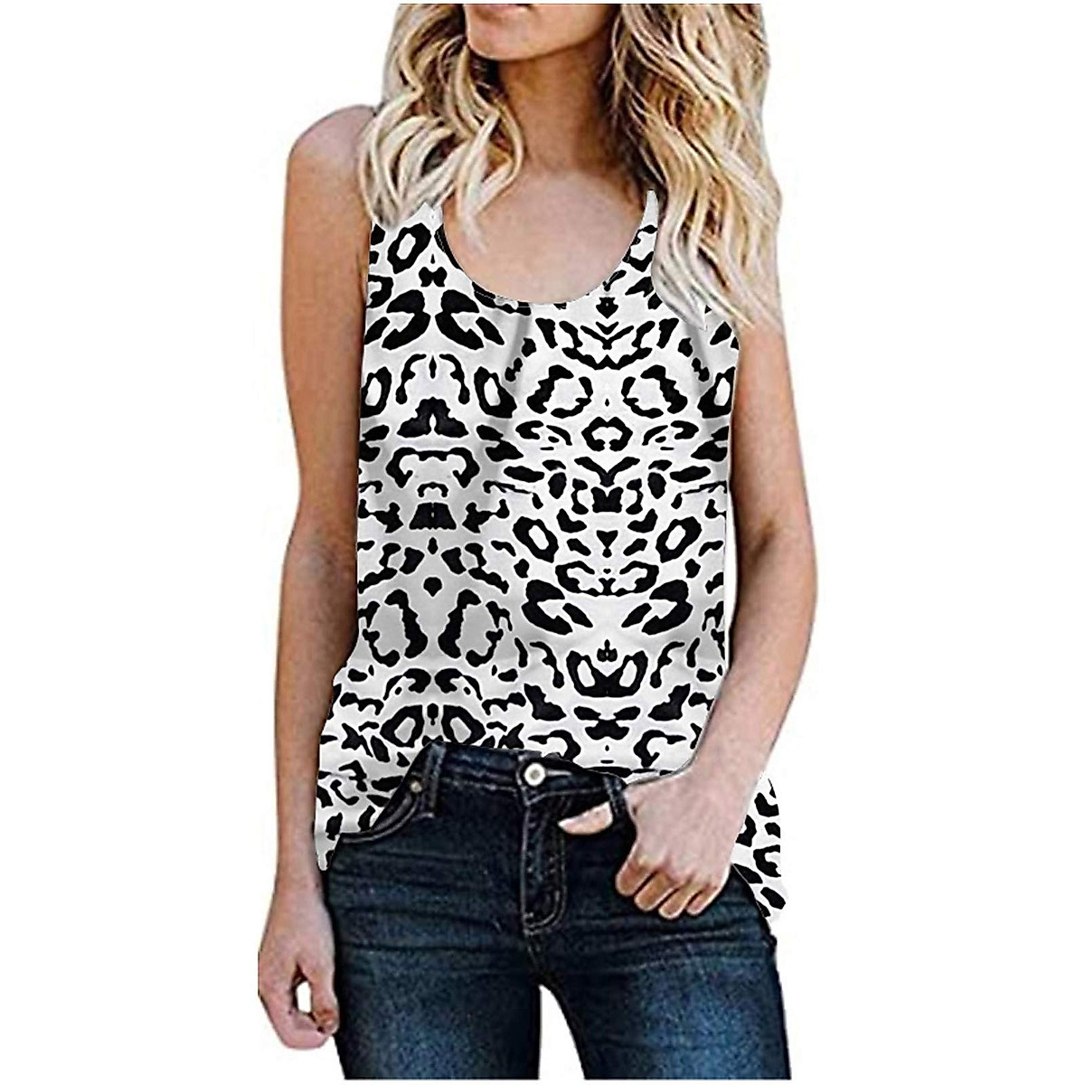 Padaleks Women's Leopard/Zebra Printed Sleeveless Blouse Shirt Casual Flowy Tunic Tank Top Summer Loose T-Shirts