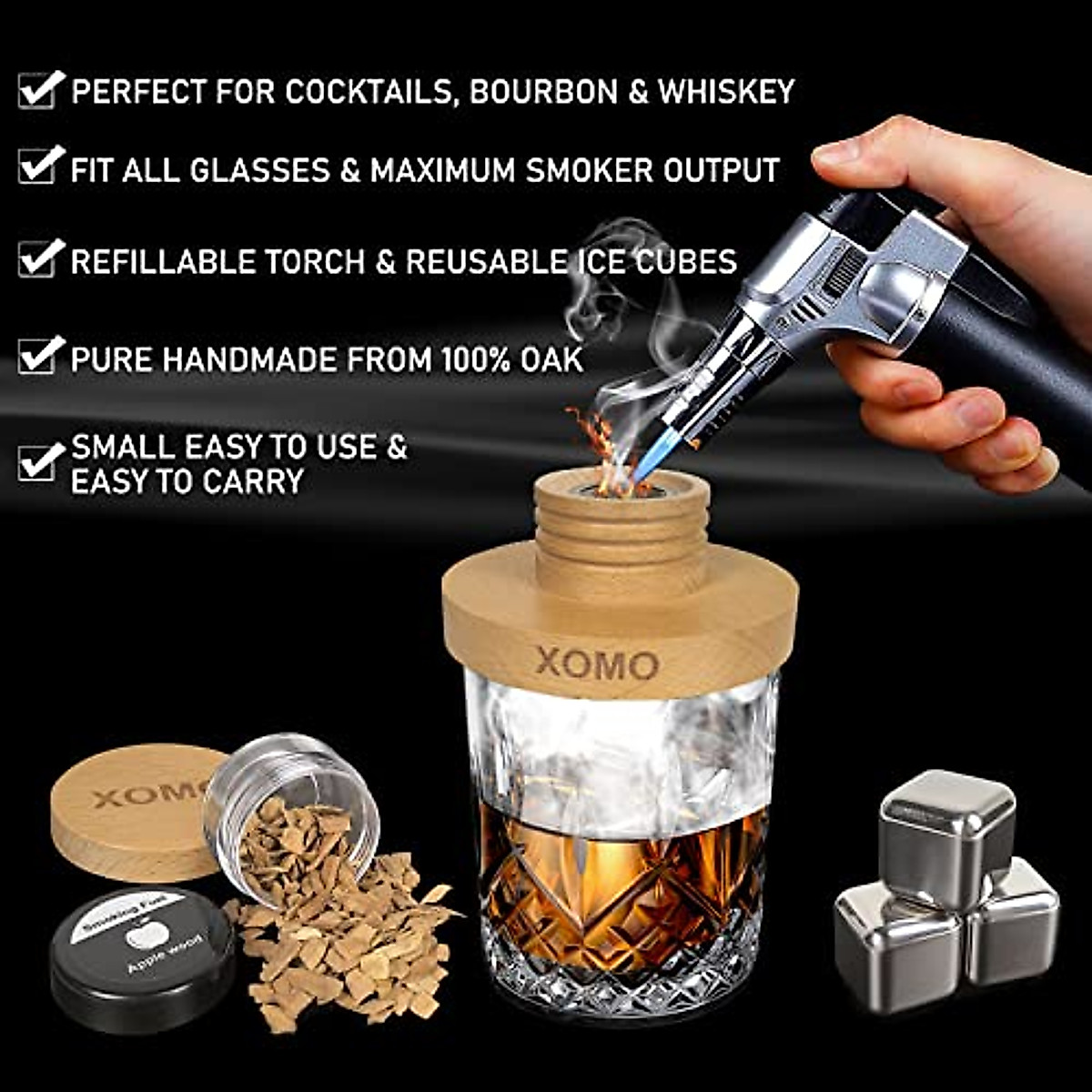 Cocktail Smoker Kit with Torch, XOMO Old Fashioned Drink Smoker Infuser Kit for Cocktails, Whiskey, & Bourbon, Whiskey Gift for Your Loved