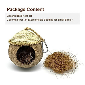 Bird House with Coconut Woven Straw, Natural Coconut Bird Cage with Woven Cover，Bird Nest for Parrot, Hamster, Squirrel, Rat, Lovebird, Finches