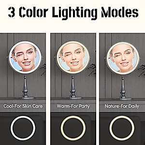 WIZCHARK 9" Large Lighted Makeup Mirror, 1X/10X Magnifying Vanity Mirror with 3 Colors Dimmable Lightning, 60 LED Lights, 360°Rotation Double Sided Standing Desk Mirror