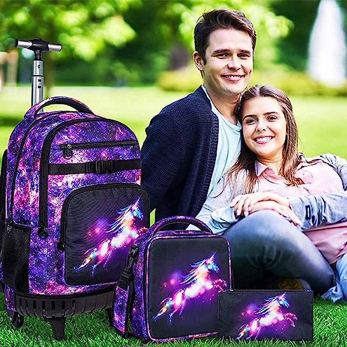 KLFVB Rolling Backpack for Women,3PCS Adult Wheeled Bag with Lunch Bag for Girls,Waterproof Roller Wheels Bookbag - Unicorn