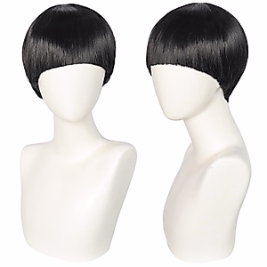 ANOGOL Hair Cap + Short Black Bowl Cut Wig Men with Bangs Mushroom Wigs 60s Wig Mens Funny Wigs for Movie Halloween Cosplay Costume Party