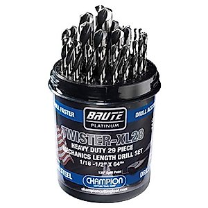 Champion Cutting Tool Brute Platinum 29 Piece 1/16-1/2" x 64ths HSS Mechanics Length Twister-XL28 Drill Bit Set-135 Degree Split Point, Water Resistant Index-MADE IN USA