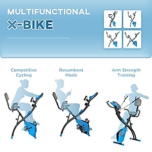 Soozier Folding Exercise Bike, 3-in-1 Recumbent Exercise Bike, Upright Workout Bike & Arm Resistance Bands, Adjustable Seat, 8-Level Magnetic Resistance, Blue