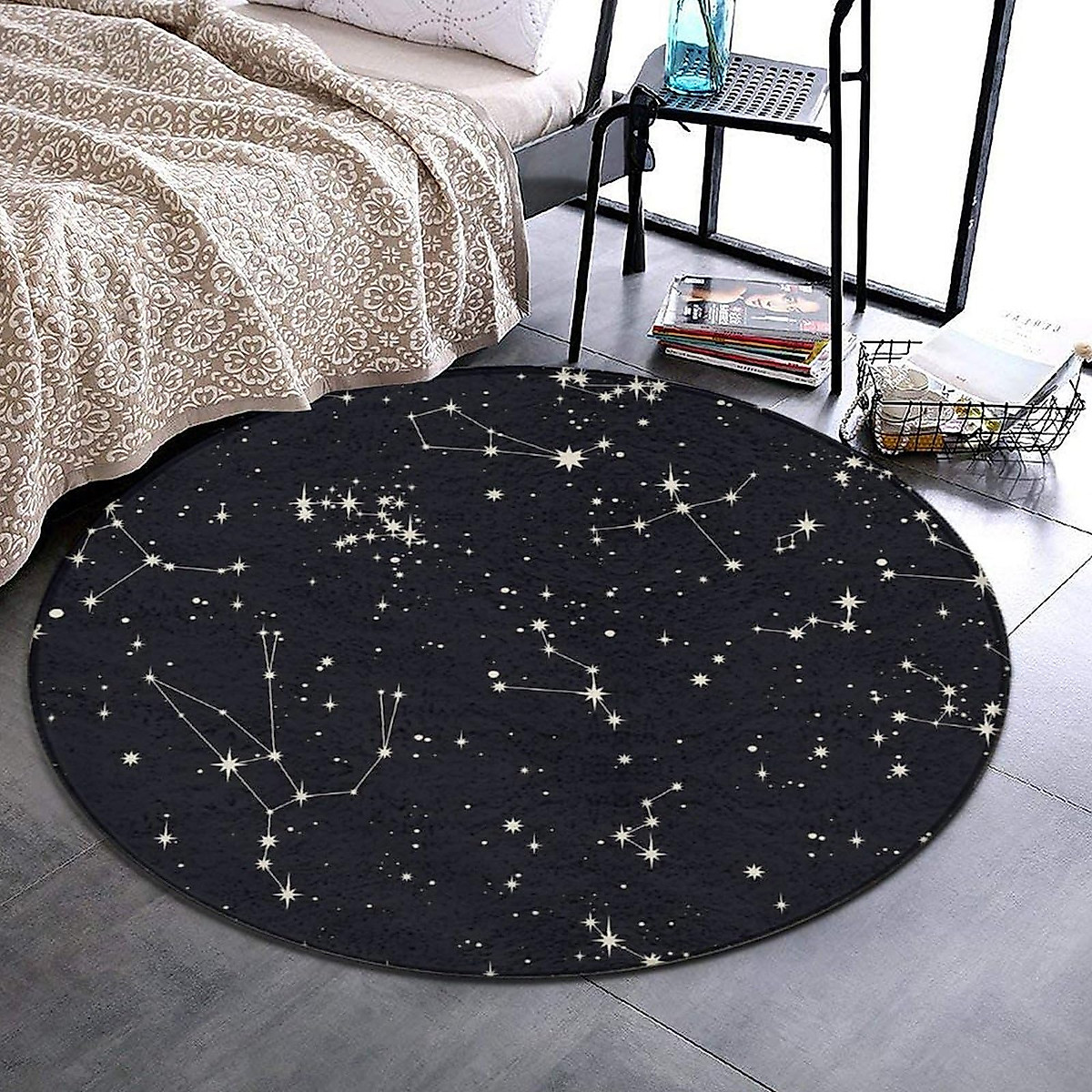 Large Round Bathroom Rug Kitchen Office Circle Rug for Living Room Sofa Bedroom Circle Cute Mat Compatible with Zodiac Constellation Galaxy Black Starry Night Stars Glow Dark Midnight 36inch(90cm)