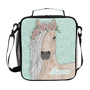 RunningBear Custom Cute Horse Flowers Lunch Bag Personalized Reusable Insulated Lunch Box Bag with Adjustable Strap Portable Travel Zipper Organizer for Adults, Kids, Prepschool