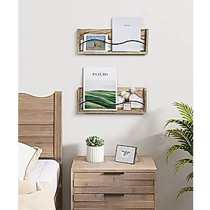 Sapowerntus Wood Book Shelves Wall Mounted, Rustic Nursery Magazine Holder Organizer Vinyl Record Rack with Curve Rail Wave Design, Wall Bookshelf Home Room Office Decor, Set of 2