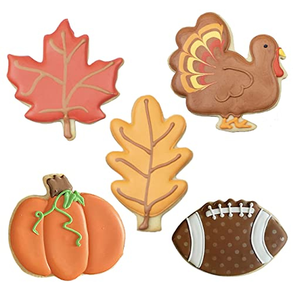 Fall Thanksgiving Cookie Cutters 5-Pc. Set Made in USA by Ann Clark, Maple Leaf, Turkey, Oak Leaf, Pumpkin, Football