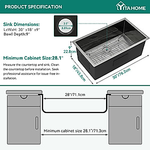 YITAHOME Black Kitchen Sink 30in Undermount Sink Single Bowl 16 Gauge Stainless Steel Nano Gunmetal Black Sink with Accessories for Workstation, Prep Kitchen, Bar Sink