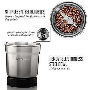 OVENTE Electric Coffee Grinder 2.1 Ounce Cup Fresh Grind with 2 Blade Stainless Steel Grinding Bowl, Fast Grinding with 200 Watt Powered Motor Perfect for Beans, Spices, Nuts, Silver CG620S