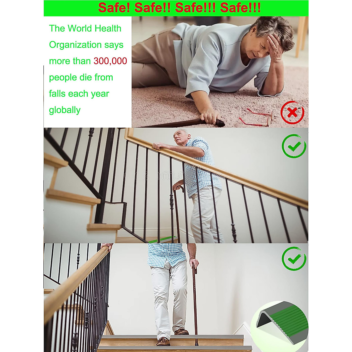 Stair Nosing Edge Anti Slip Traction Treads,Stair Edge Protector,Step Edge Trim Rubber Strips,Easy to Install,Outdoor Indoor Staircases Pads Help Elderly,Children to Walk The Stairs Safely