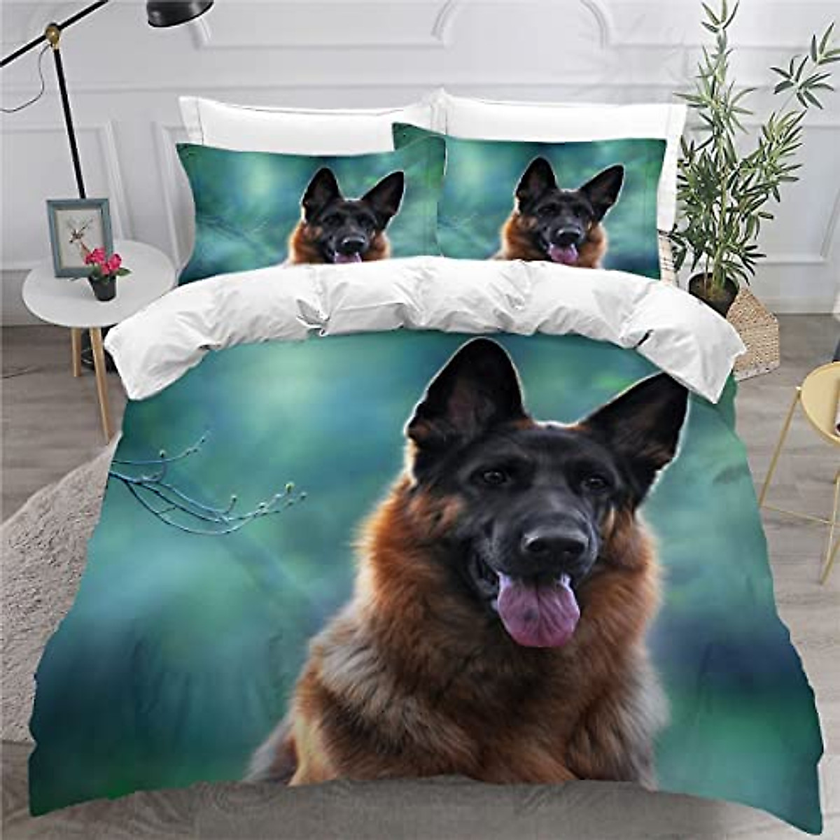 Quilt Cover Twin Size German Shepherd 3D Bedding Sets Shepherd Dog Duvet Cover Breathable Hypoallergenic Stain Wrinkle Resistant Microfiber with Zipper Closure,beding Set with 2 Pillowcase