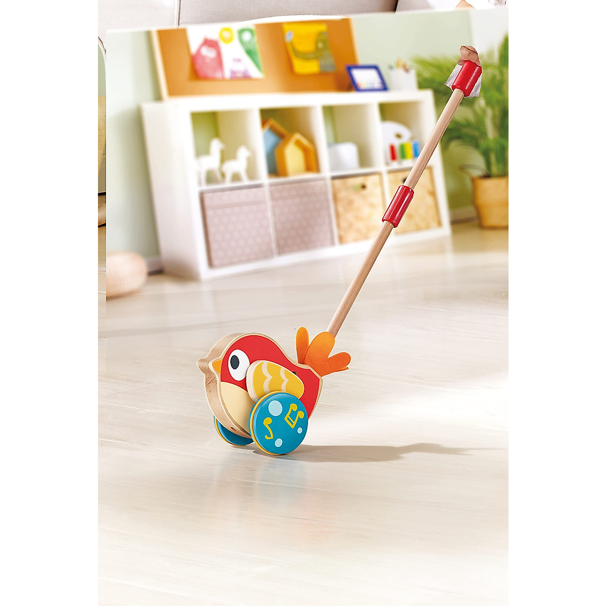 Hape Lilly Musical Push Along | Wooden Push Along Baby Walking Bird, Playful Kids Toy with Detachable Stick, Multicolor, 22.05 Inch (E0353)