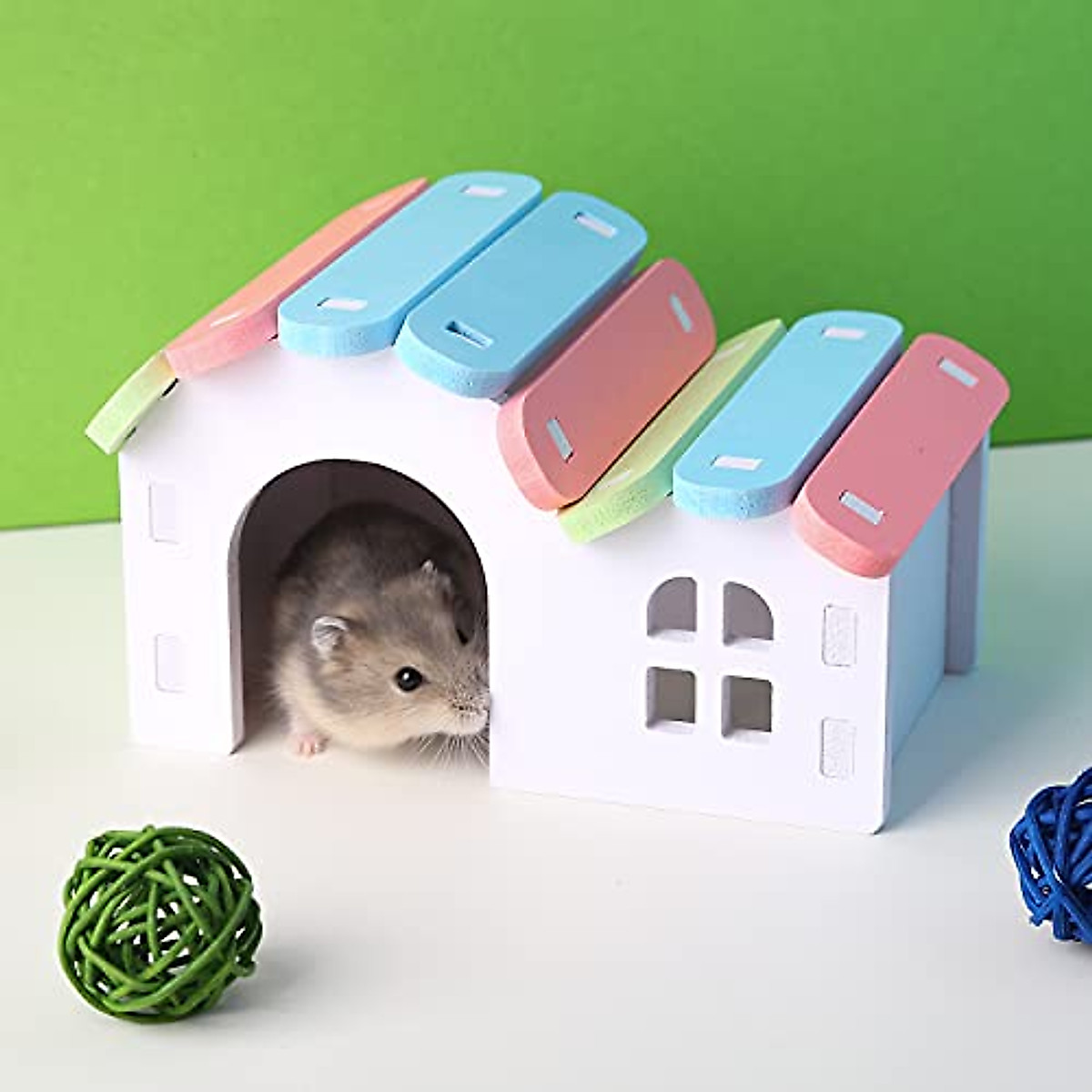 DJun Hamster Rainbow Chew Toys Include House Bridge Swing Seesaw and 10 Colorful Rattan Balls, Pet Sport Exercise Toys Set, Guinea Pig Rat Chinchilla Cage Accessories for Small Animals (Style 1)