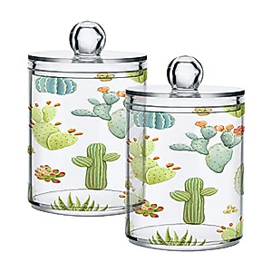 Kigai 2PCS Cactus Qtip Holder Dispenser with Lids - 14 oz Bathroom Storage Organizer Set, Clear Apothecary Jars Food Storage Containers, for Tea, Coffee, Cotton Ball, Floss