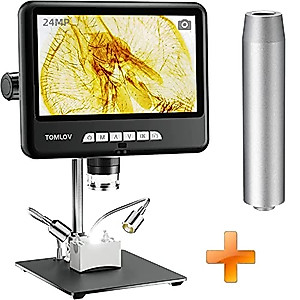 TOMLOV DM401 Pro 2K Digital Microscope 1200x, Extension Tube ET02, 7 inch HDMI LCD Microscope, Buttom LED Light Stage Included,24MP Coin Microscope with Screen,PC/TV Compatible，32GB