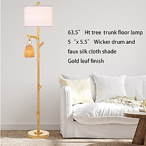 63.5" High Rustic Farmhouse Tree Trunk Floor Lamp Brown Finish Wicker Drum Shade and Linen Fabric Shade Lamp Decor for Living Room Bedroom