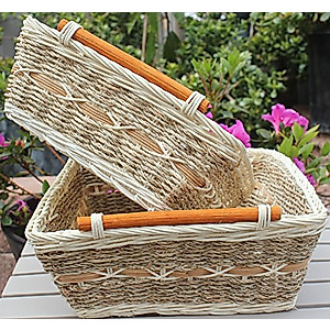 RT450180-2 Handwoven Retangular Wicker Storage basket with Handle in cream and brown (Set of 2)