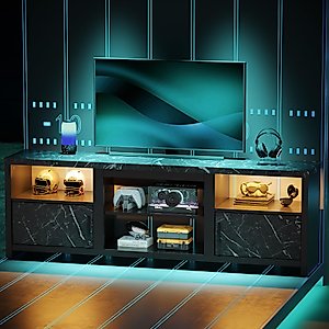 Bestier 70 Inch TV Stand with LED Lights for 80 Inch TV, Black Marble Entertainment Center with Storage Cabinets for Living Room Bedroom, Large TV Console Table with Adjustable Shelf, Easy Assembly