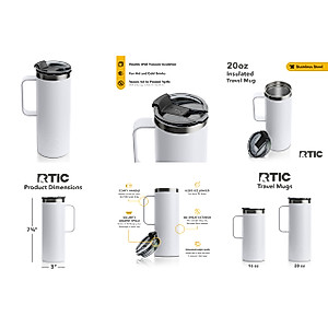 RTIC 20 oz Coffee Travel Mug with Lid and Handle, Stainless Steel Vacuum-Insulated Mugs, Leak, Spill Proof, Hot Beverage and Cold, Portable Thermal Tumbler Cup for Car, Camping, White