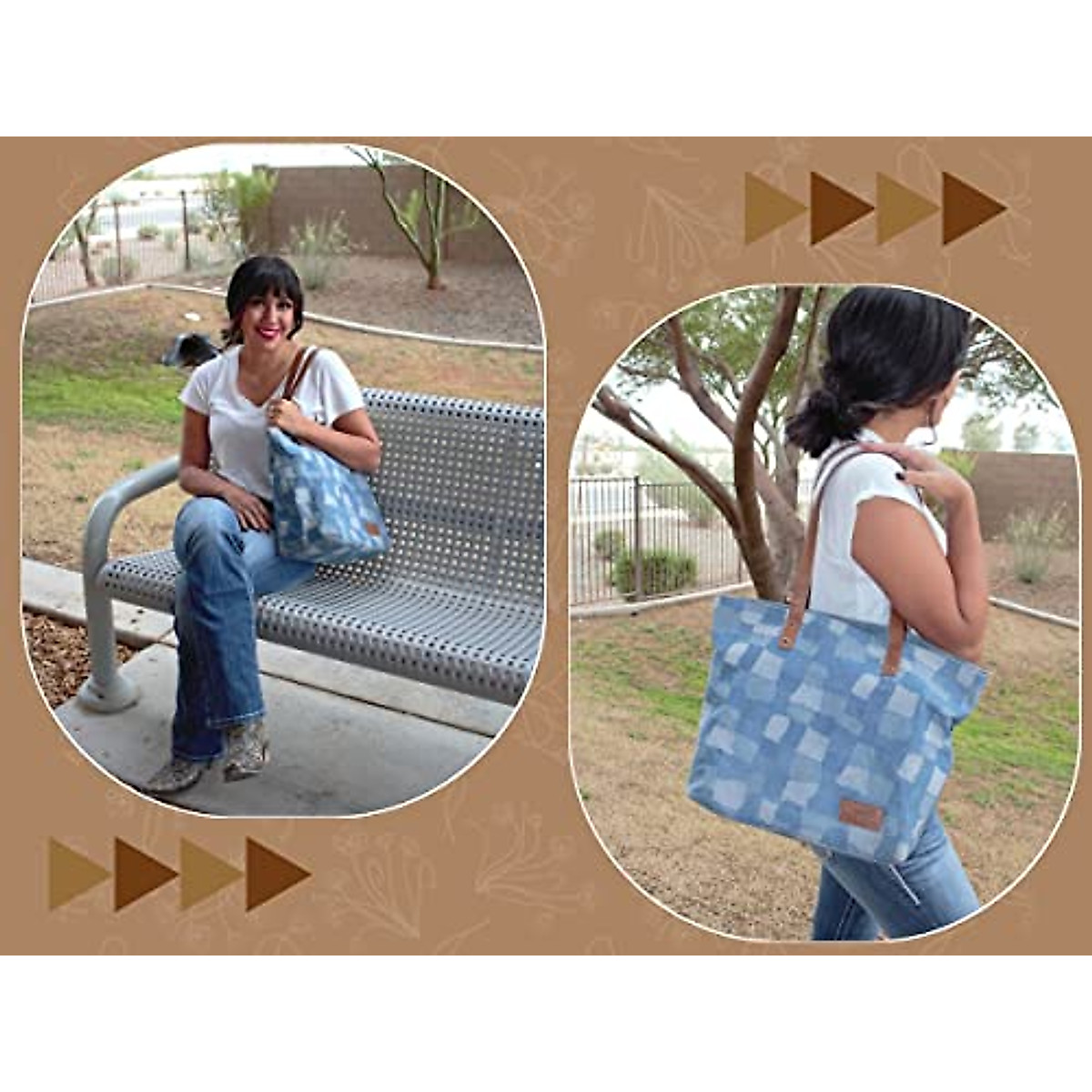 Denim Tote Bag, Jean purses for women denim, Bojo Blue Jean Tote with multiple shades of denim which make the patterns of this denim bag, jean tote bag for women with inside pockets and lining.