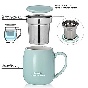 Peacehome Tea Cup Infuser Lid: 17.5 OZ Large Ceramic Tea Mug with Strainer & Cover for Steeping Cup of Hot Tea or Coffee - Fine Porcelain Infuser Tea Mug Set for Work Life Gift (Mint Green)