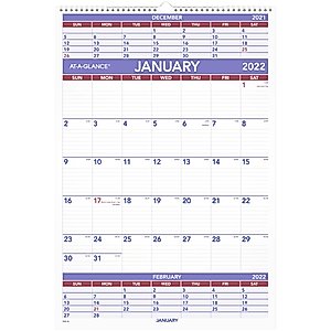 2022 Wall Calendar by AT-A-GLANCE, 15-1/2" x 22-3/4", Large, 3-Month, Wirebound (PM628)
