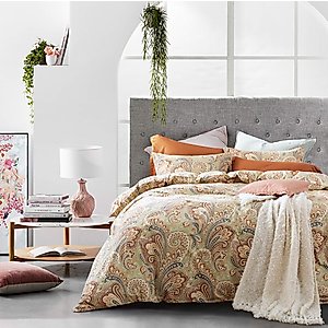 Eikei Boho Paisley Print Luxury Duvet Quilt Cover and Shams 3pc Bedding Set Bohemian Damask Medallion 350TC Egyptian Cotton Sateen (Rust, Queen)