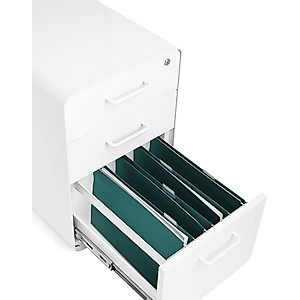 Poppin Stow 3-Drawer Rolling File Cabinet - White. 2 Utility Drawers and 1 Hanging File Drawer. Two Locking and Two Non-Locking Wheels. Powder-Coated Steel. Two Keys Included