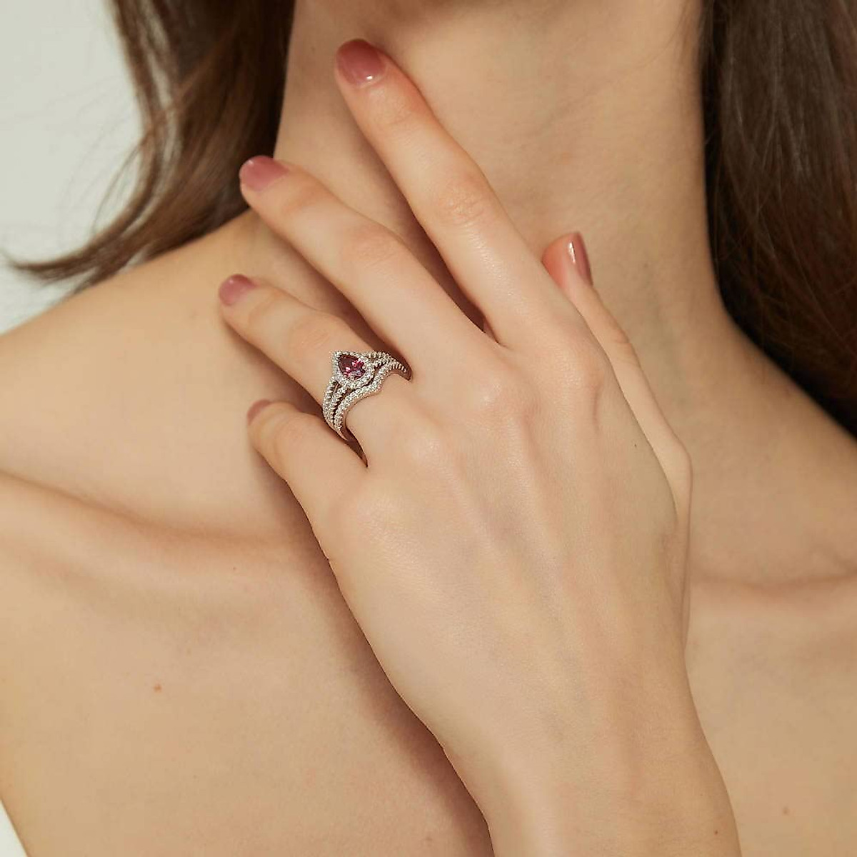 BERRICLE Sterling Silver Halo Wedding Engagement Rings Red Pear Cut Cubic Zirconia CZ Split Shank Ring Set for Women, Rhodium Plated Size 4