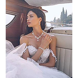 Florideco Wedding Bridal Jewelry Set for Women Rhinestone Necklace Bracelet Earrings Set Bridesmaid Crystal Jewelry