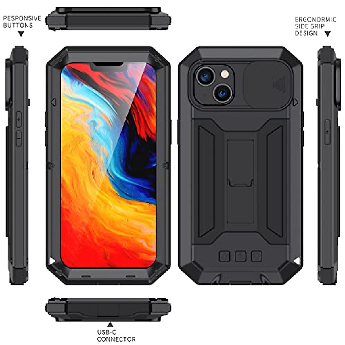 Metal Compatible with iPhone 14 Plus 6.7 inch 2022 Case Cameras Protection Heavy Duty Protection Doom Cover 360 Full Protection Shockproof with Built in Screen Protector Holder Kickstand (Black)