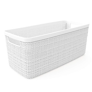 Curver Jute Decorative Plastic Organization and Storage Basket Perfect Bins for Home Office, Closet Shelves, Kitchen Pantry and All Bedroom Essentials, Slim, White, Set of 8