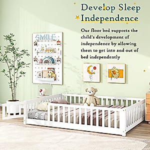 Tatub Full Size Floor Bed with Safety Guardrails, Door and Slats, Montessori Floor Bed Frame, Wood Montessori Floor Bed for Kids, Girls and Boys, Full-White