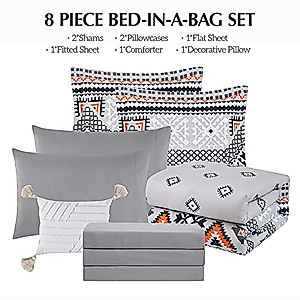 CASAAGUSTO Queen Comforter Set, 8 Pieces Gray Orange Boho Comforter Set, Microfiber Cozy Bohomian Bedding Set with Decor Pillow, Lightweight Breathable for All Seasons