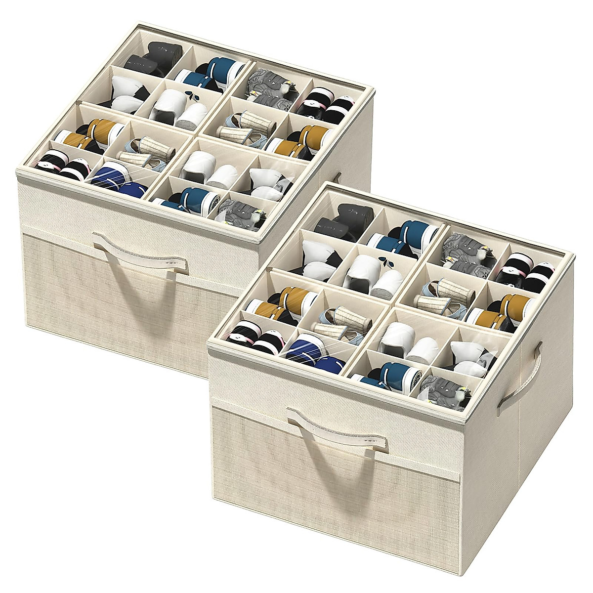 Aokeyee Shoe Organizer for Closet,2 Pack Foldable Shoe Storage Organizer Box Bin w/Adjustable Dividers and Clear Cover, Fits up to 16-32 Pairs, (Beige)