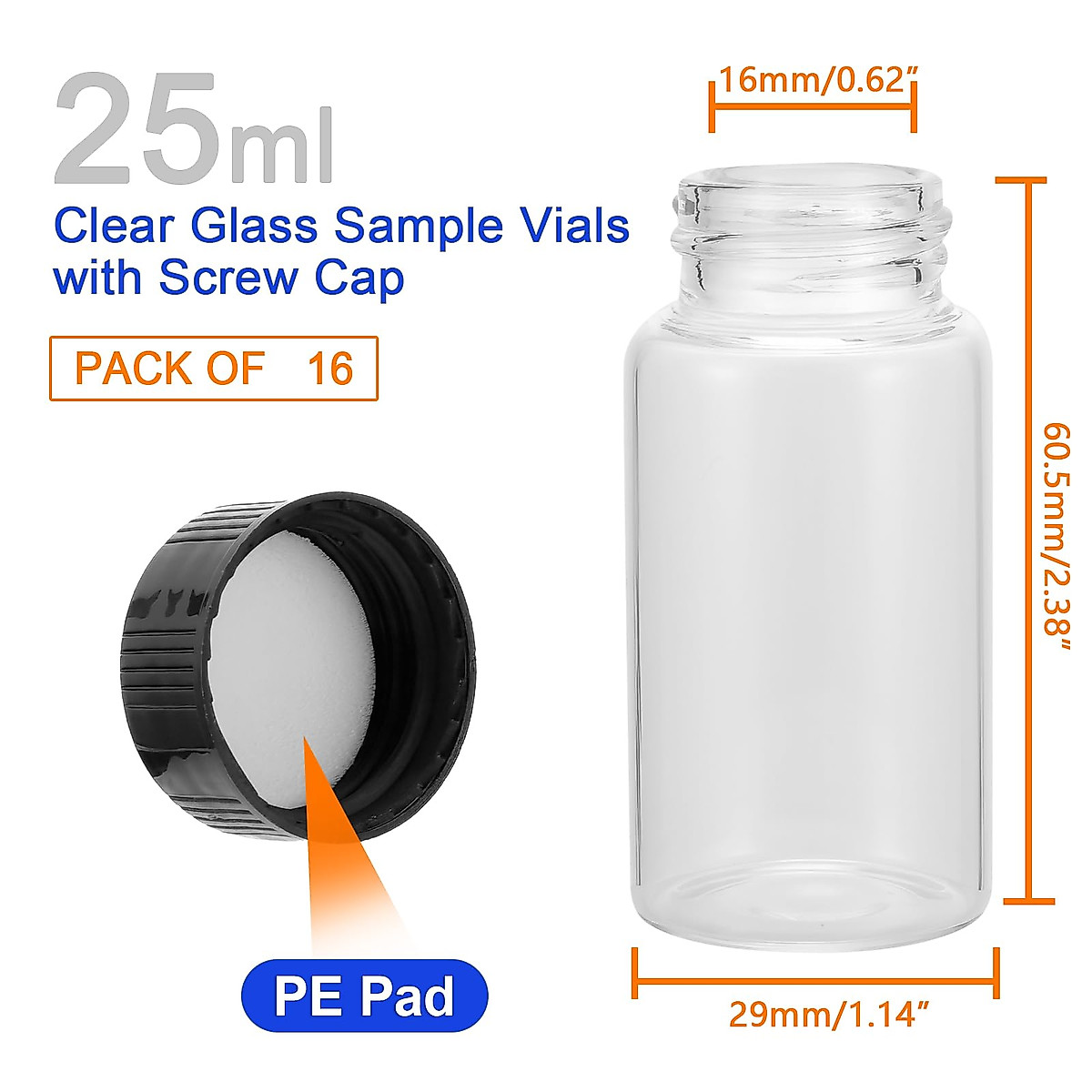 Kesell 25ml Glass Vials, Clear Glass Sample Bottle, Small Glass Vial with Screw Cap, Empty Bottle with Cap, Pack of 16
