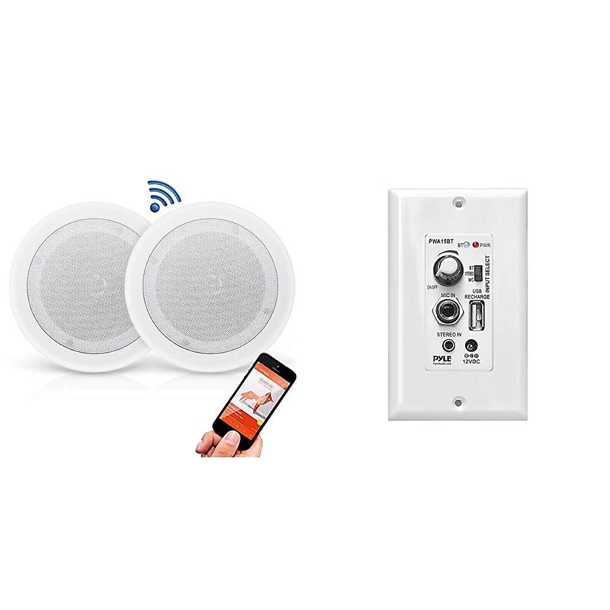 Pyle Pair 8" 2-Way Universal Home Speaker System - 250W Bluetooth Flush Mount in-Wall in-Ceiling w/ 100W Bluetooth Receiver Wall Mount, Built-in Amplifier & USB, Microphone, Aux (3.5mm) Input