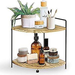 Y&ME YM 2-Tier Corner Shelves for Bathroom Counter Organizer, Wood Makeup Organizer, Perfume Organizer Standing Rack, Vanity Tray for Bathroom and Kitchen Organization, Coffee Station Organizer…