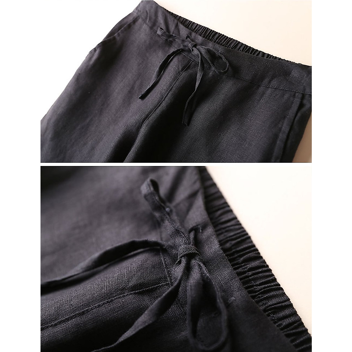 IXIMO Women's Tapered Pants 100% Linen Drawstring Back Elastic Waist Pants Trousers with Pockets Black L