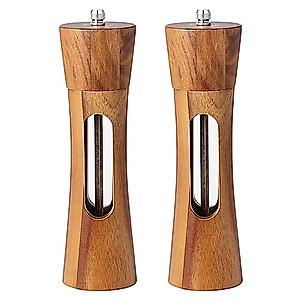 Ousyaah Salt and Pepper Grinder Set (2 Pack), Manual Wooden Salt and Pepper Shakers with Adjustable Ceramic Core and Visible Acrylic Window, Refillable Salt & Pepper Mill Set | Adjustable Coarseness