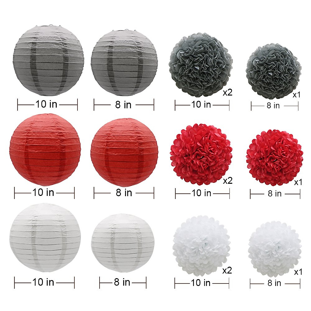 KAXIXI Hanging Party Decorations Set, 15pcs Red Gray White Paper Flowers Pom Poms Balls and Paper Lanterns for Wedding Birthday Bridal Baby Shower Graduation