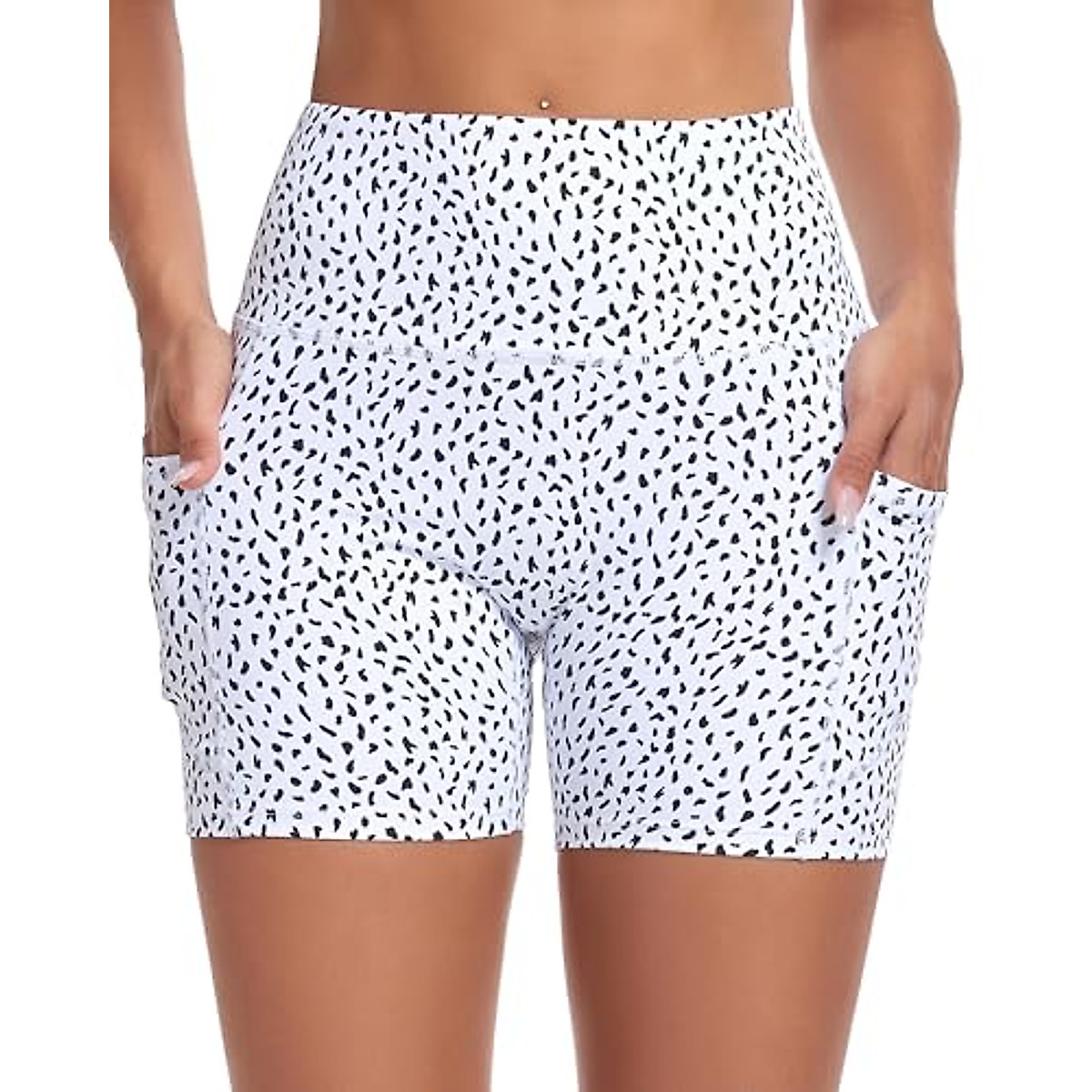 HERRLA Womens High Waisted Biker Shorts Athletic Yoga Gym Running Workout Shorts with Pockets for Summer (Large, Leopard)