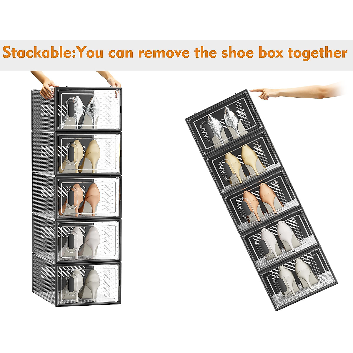 SIMPDIY Shoe Storage, 12 Pack Shoe Organizer for Closet, Shoe Boxes Clear Plastic Stackable Shoe Containers with Lids for Size 10, Black