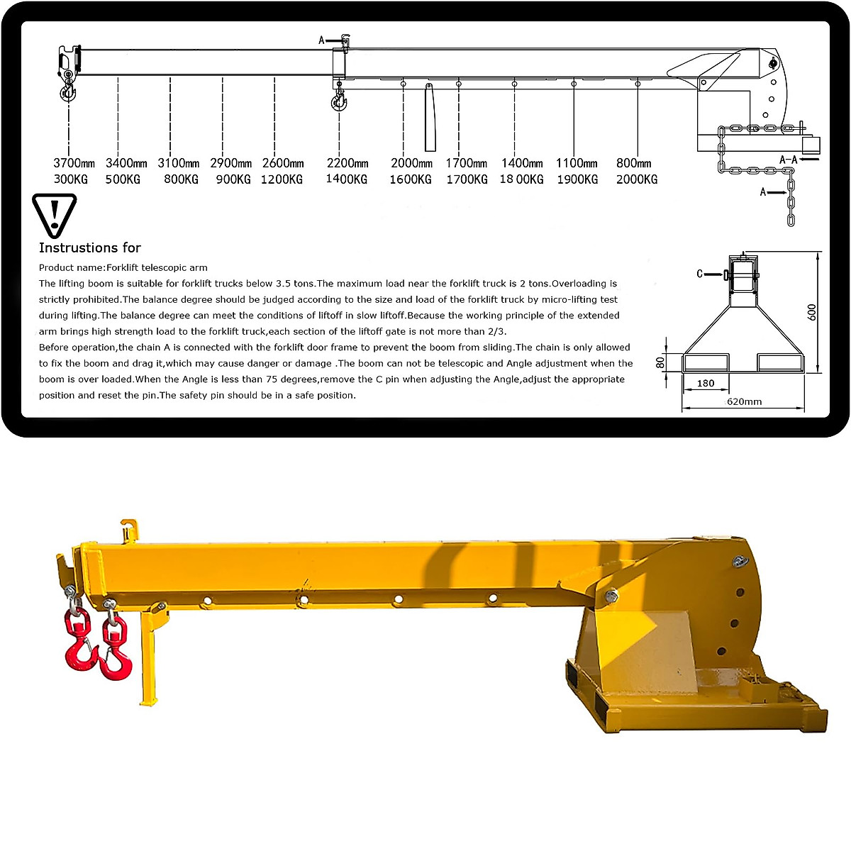 WYDDDARY Adjustable Mobile Crane Lifting Hoist Truss Jib Boom Hook Forklift Telescopic Arm with Adjustable Tilt Angle for Forklift Towing Handling(4400LbS Lift Capacity)