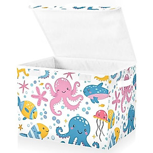 SUABO Large Collapsible Storage Bins with Lids & Handles,Colorful Octopus with Fish Rectangle Fabric Storage Organizer Boxes Baskets Closet For Clothes Toys