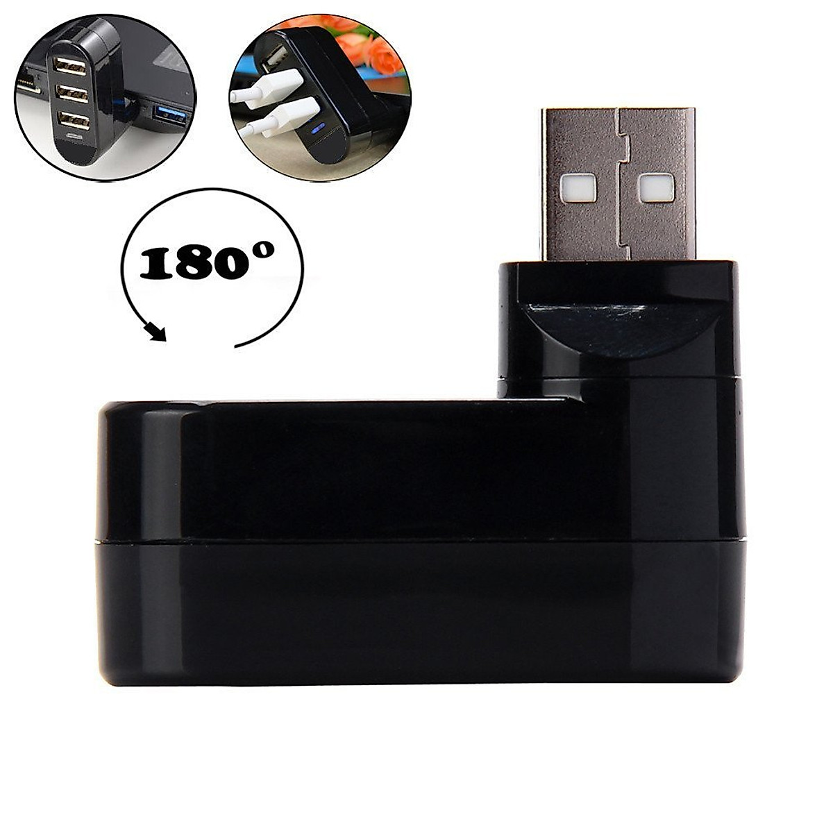Sudroid 3-Port USB 2.0 Rotatable Hub [90°/180° Degree Rotatable] (Black)