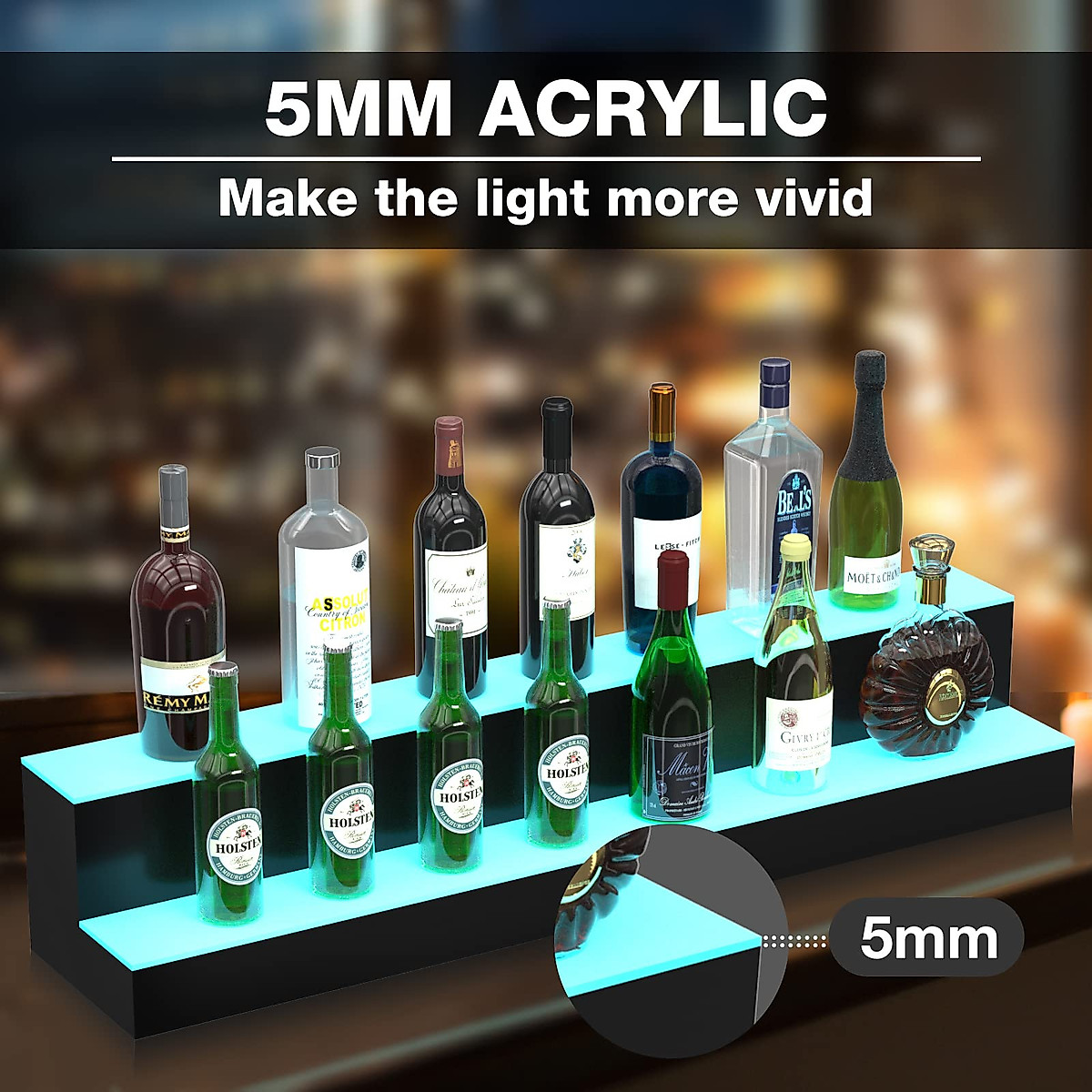 HIGOSPRO LED Liquor Bottle Display Shelf, 40 inch 2-Step Lighted Acrylic Lighted Bar Shelf for Home, Commercial Bar, Acrylic Lighted Bottle Display Stand with RF Remote