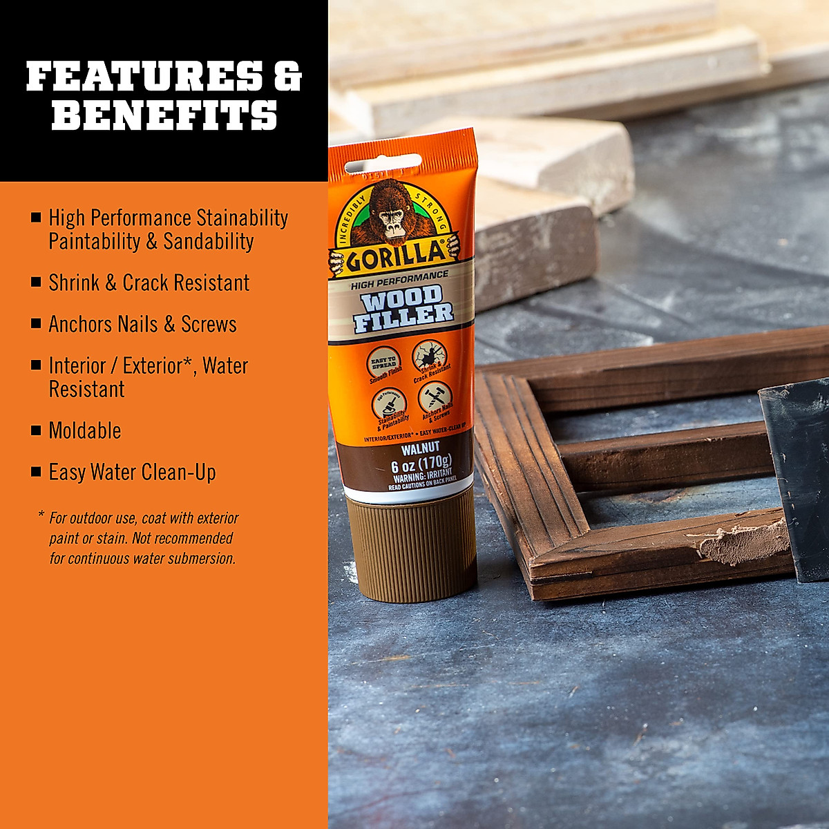 Gorilla All Purpose Wood Filler, 6oz Tube, Walnut (Pack of 1)